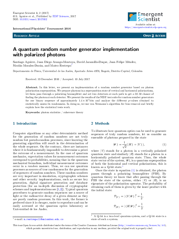 (PDF) A quantum random number generator implementation with polarized ...
