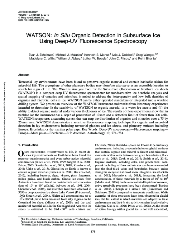 (PDF) WATSON: In Situ Organic Detection in Subsurface Ice Using Deep-UV ...