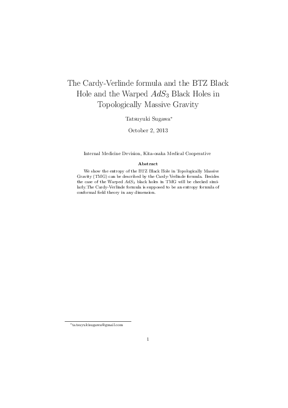 (PDF) The Cardy-Verlinde formula and the BTZ Black Hole and Warped AdS ...