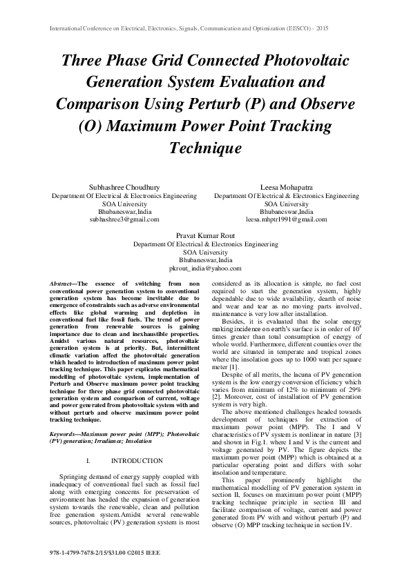 (PDF) Three phase grid connected photovoltaic generation system evaluation and comparison using ...
