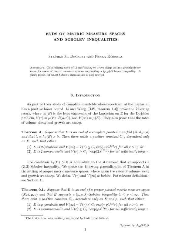 Pdf Ends Of Metric Measure Spaces And Sobolev Inequalities
