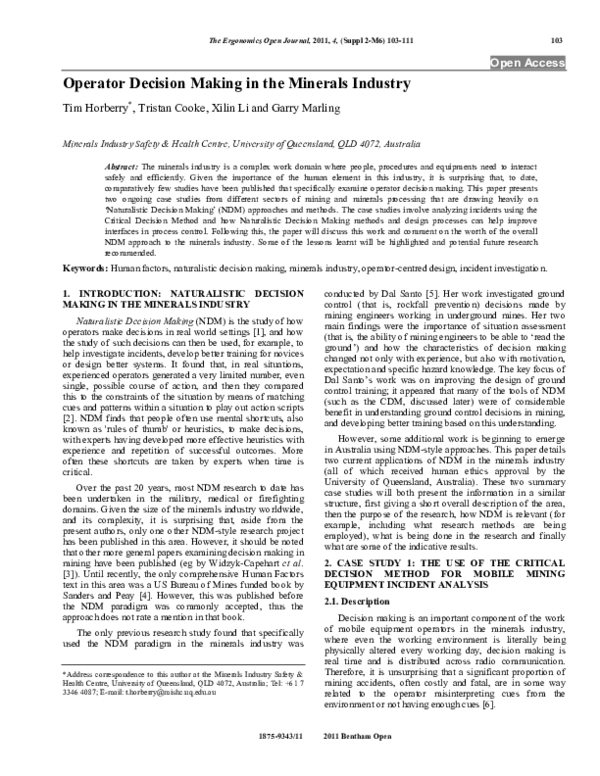 (PDF) Operator Decision Making in the Minerals Industry