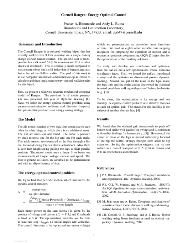 (PDF) Cornell ranger: energy-optimal control