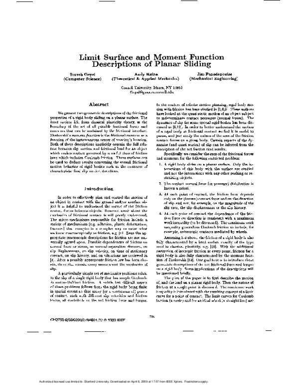 (PDF) Limit surface and moment function descriptions of planar sliding