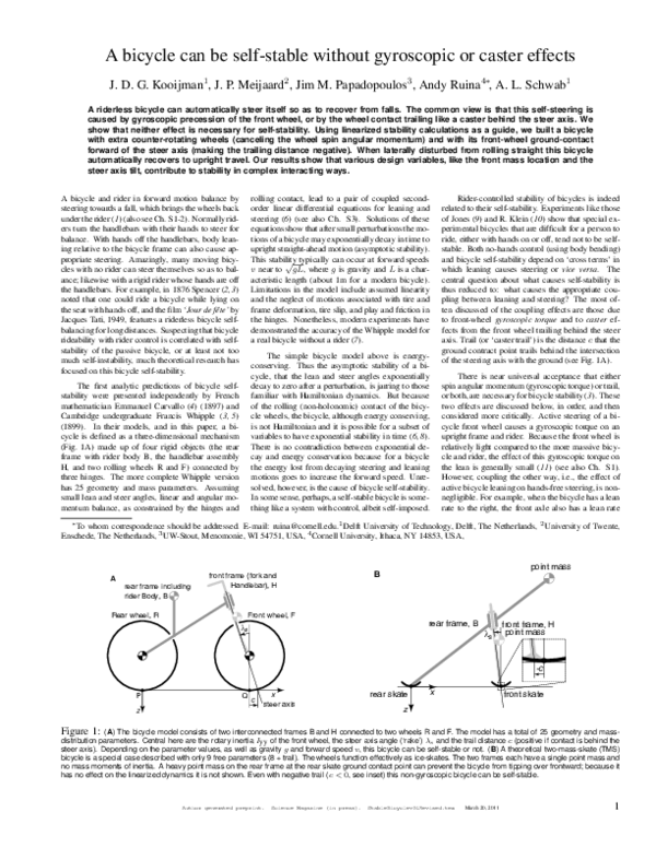 (PDF) A Bicycle Can Be Self-Stable Without Gyroscopic or Caster Effects