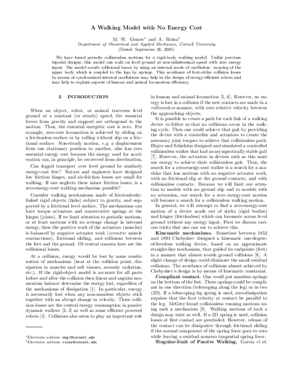 (PDF) Walking model with no energy cost | Andy Ruina - Academia.edu