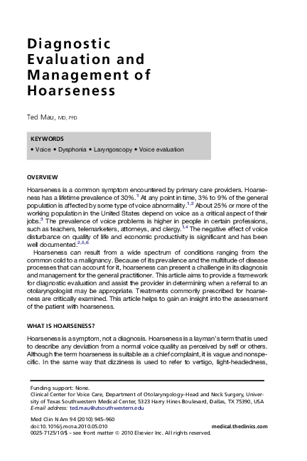 (PDF) Diagnostic Evaluation and Management of Hoarseness
