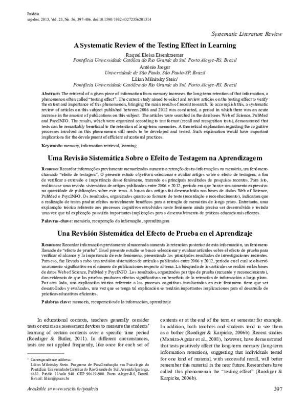 (PDF) A Systematic Review of the Testing Effect in Learning