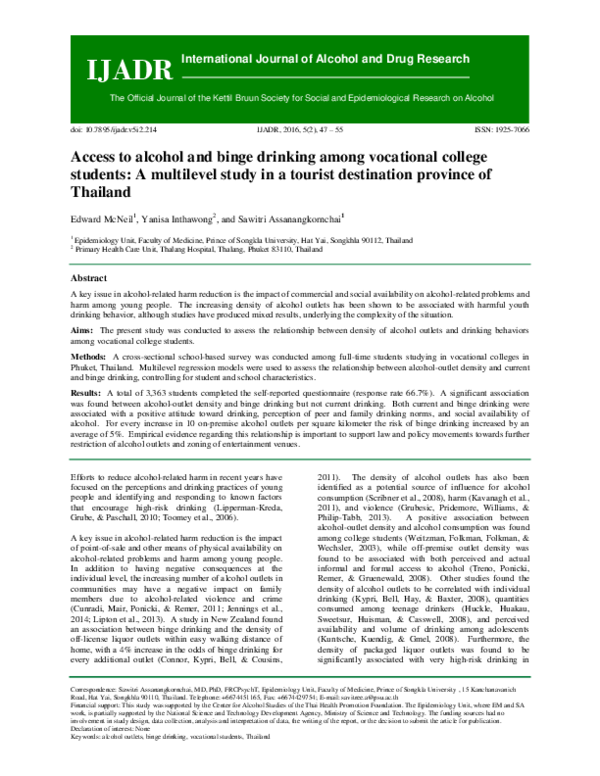 (PDF) Access to alcohol and binge drinking among vocational college ...
