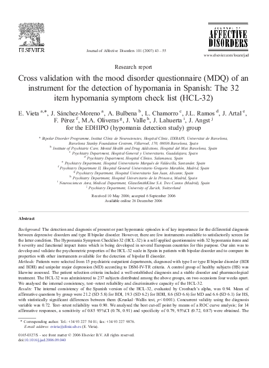 (PDF) Cross validation with the mood disorder questionnaire (MDQ) of an ...