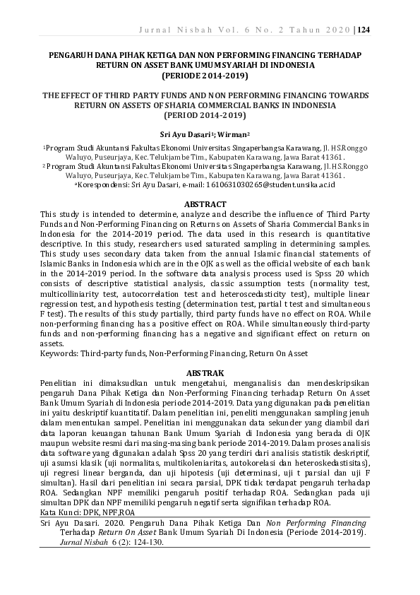 (PDF) Pengaruh Dana Pihak Ketiga Dan Non Performing Financing Terhadap Return on Asset Bank Umum ...