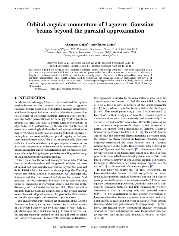 Pdf Orbital Angular Momentum Of Laguerre Gaussian Beams Beyond The Paraxial Approximation