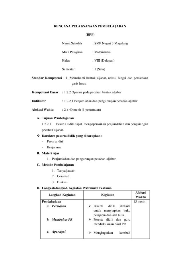 (PDF) RENCANA PELAKSANAAN PEMBELAJARAN (RPP) Nama Sekolah : SMP Negeri ...