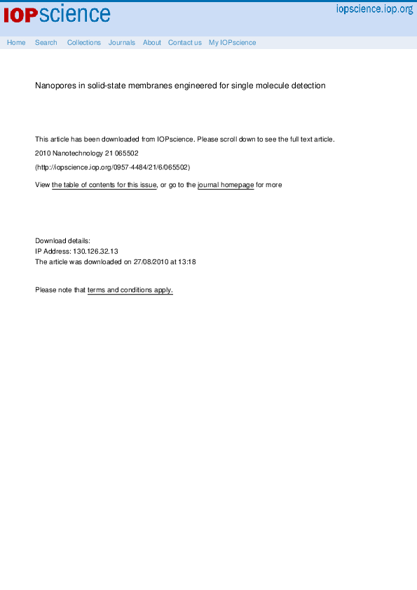 Pdf Nanopores In Solid State Membranes Engineered For Single Molecule Detection