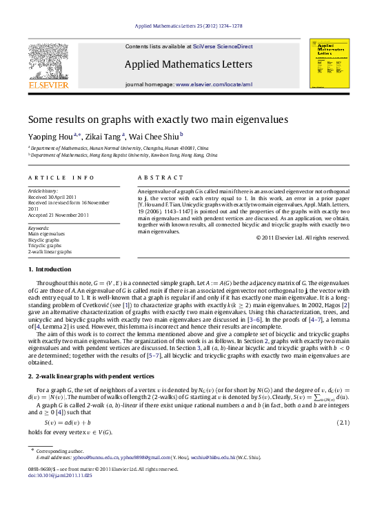 (PDF) Some results on graphs with exactly two main eigenvalues