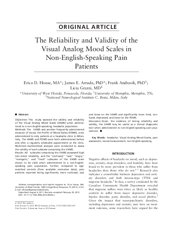 (PDF) The Reliability and Validity of the Visual Analog Mood Scales in ...