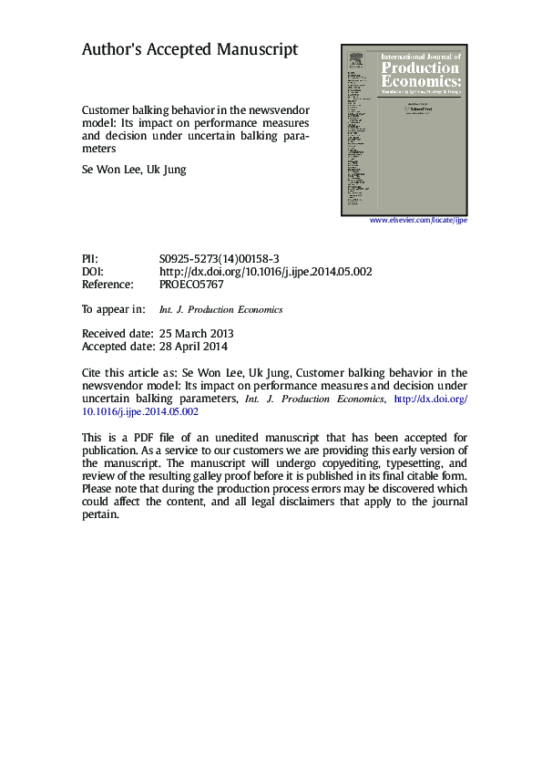 (PDF) Customer balking behavior in the newsvendor model: Its impact on ...
