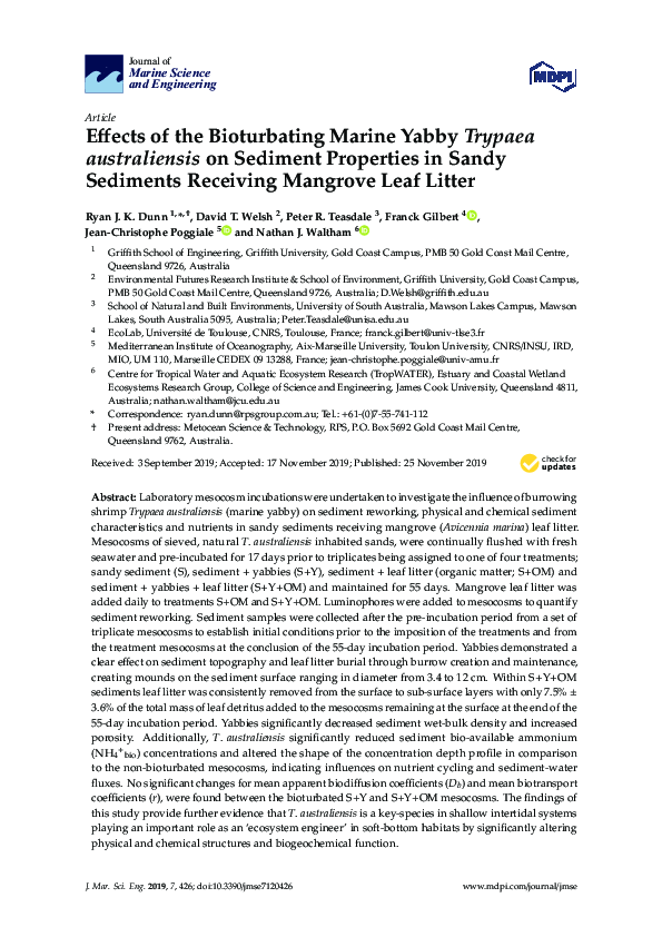 (PDF) Effects of the Bioturbating Marine Yabby Trypaea australiensis on ...