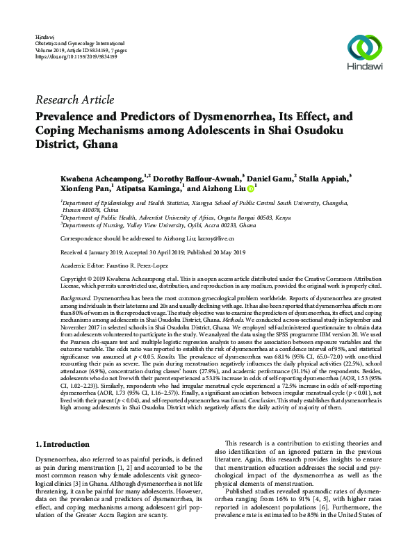 (PDF) Prevalence and Predictors of Dysmenorrhea, Its Effect, and Coping Mechanisms among ...