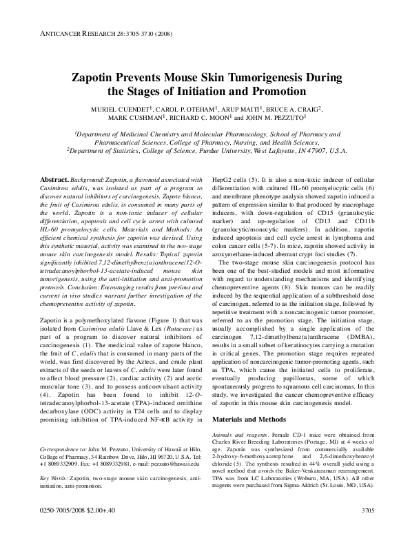 (PDF) Zapotin prevents mouse skin tumorigenesis during the stages of ...