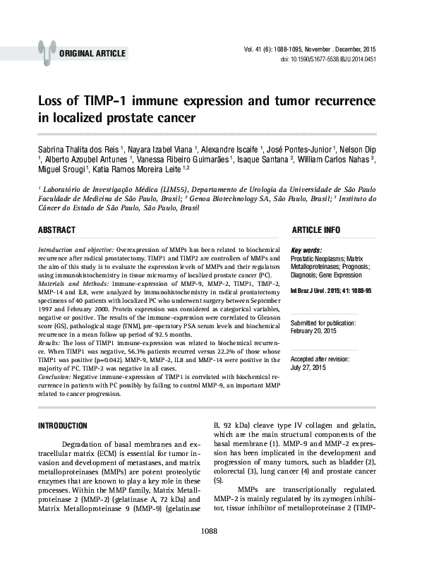 (PDF) Loss of TIMP-1 immune expression and tumor recurrence in ...
