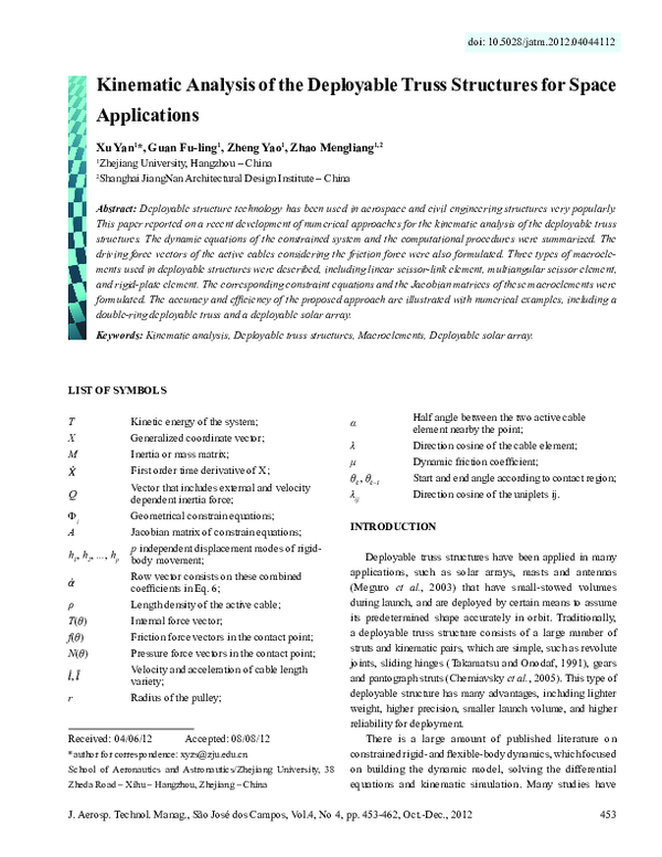 (PDF) Kinematic analysis of the deployable truss structures for space applications