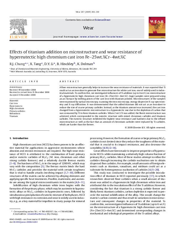 (PDF) Effects of titanium addition on microstructure and wear resistance of hypereutectic high ...