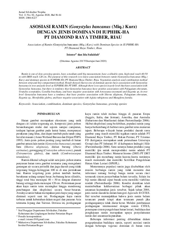 (PDF) Asosiasi Ramin (Gonystylus bancanus (Miq.) Kurz) dengan Jenis Dominan di IUPHHK-HA PT ...