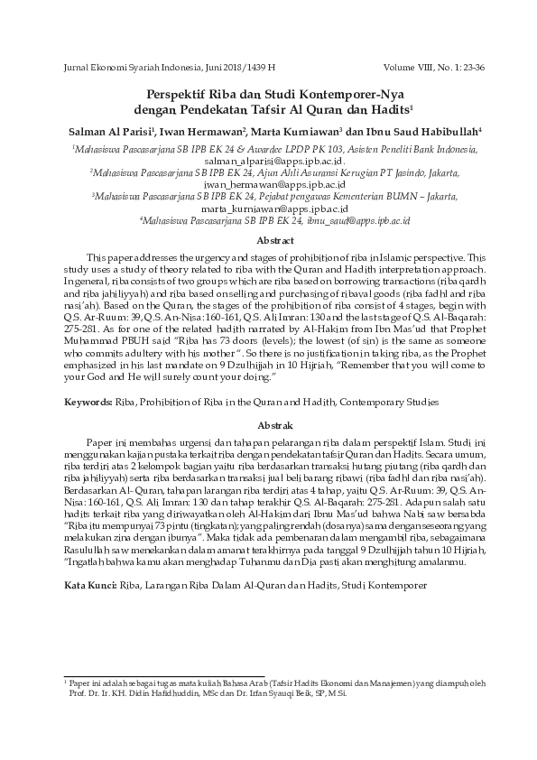 (PDF) Perspektif Riba dan Studi Kontemporer-Nya dengan Pendekatan Tafsir Al Quran dan Hadits