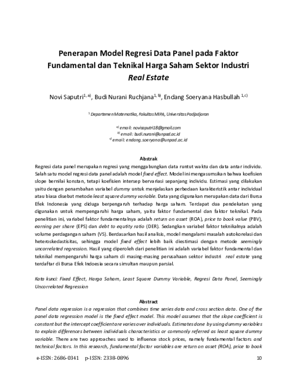 (PDF) Penerapan Model Regresi Data Panel pada Faktor Fundamental dan Teknikal Harga Saham Sektor ...