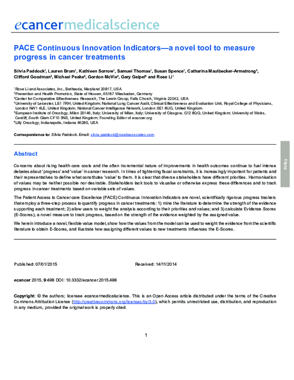 (PDF) PACE Indicators: Tracking Cancer Treatment Value