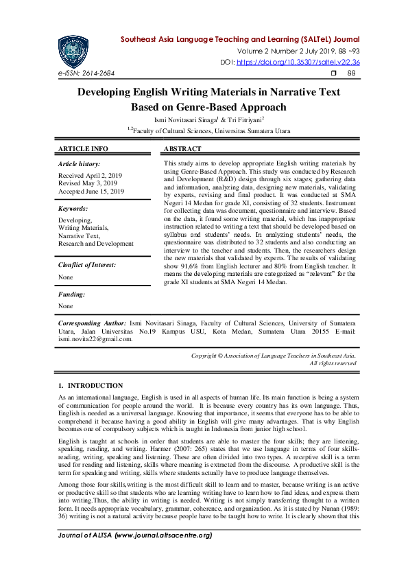(PDF) Developing English Writing Materials in Narrative Text Based on ...
