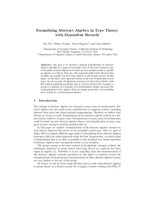 (PDF) Formalizing Abstract Algebra in Type Theory with Dependent Records