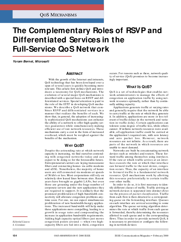 (PDF) The complementary roles of RSVP and differentiated services in the full-service QoS network