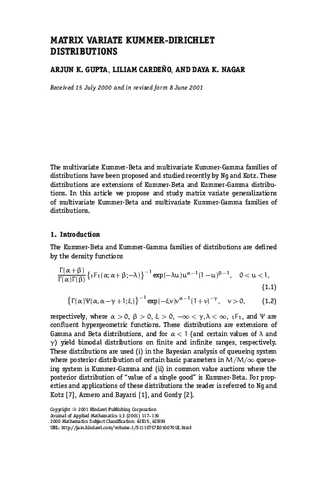Pdf Matrix Variate Kummer Dirichlet Distributions Liliam Cardeño