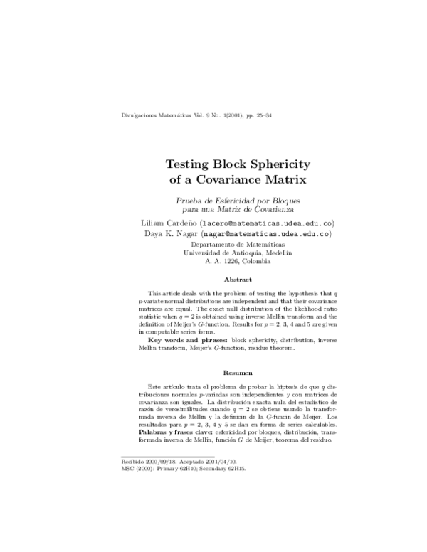 (PDF) Testing Block Sphericity of a Covariance Matrix