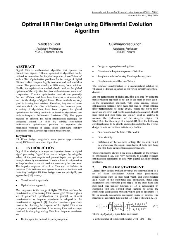 Pdf Optimal Iir Filter Design Using Differential Evolution Algorithm