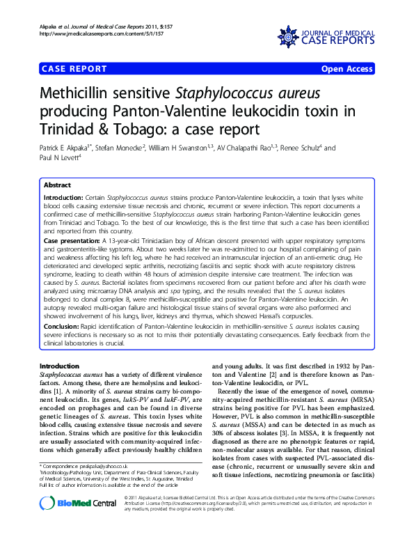 (PDF) Methicillin sensitive Staphylococcus aureus producing Panton-Valentine leukocidin toxin in ...