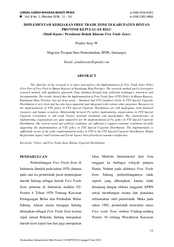 (PDF) IMPLEMENTASI KEBIJAKAN FREE TRADE ZONE (KAWASAN PERDAGANGAN BEBAS DAN PELABUHAN BEBAS) DI ...