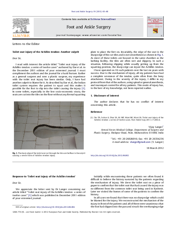 (PDF) Response to ‘Toilet seat injury of the Achilles tendon’