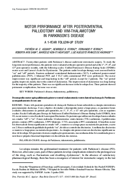 (PDF) Motor performance after posteroventral pallidotomy and VIM ...
