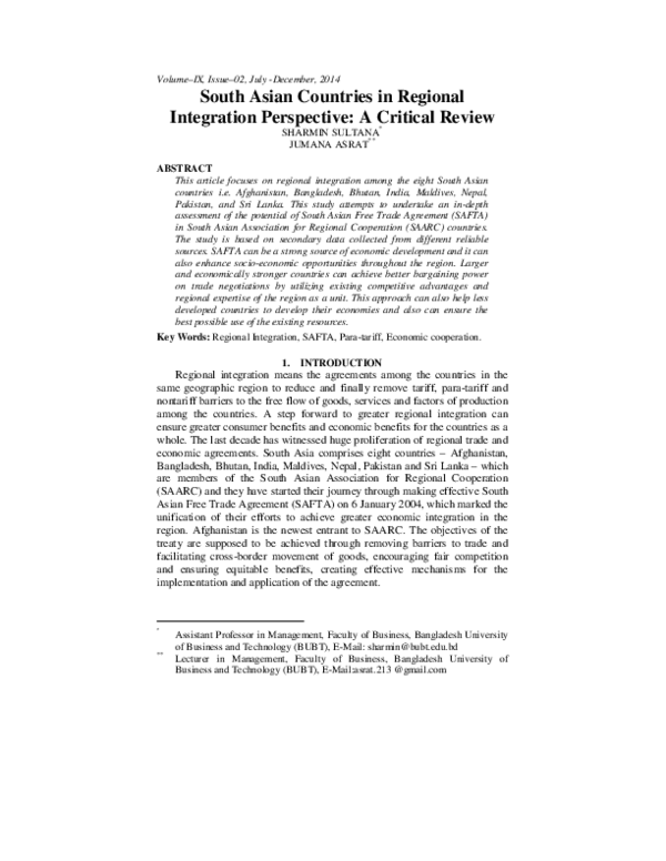 (PDF) South Asian Countries in Regional Integration Perspective: A ...