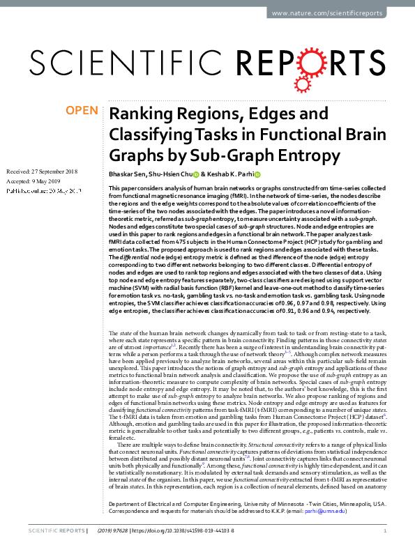 (PDF) Ranking Regions, Edges and Classifying Tasks in Functional Brain Graphs by Sub-Graph Entropy