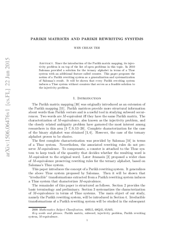 (PDF) Parikh Matrices and Parikh Rewriting Systems