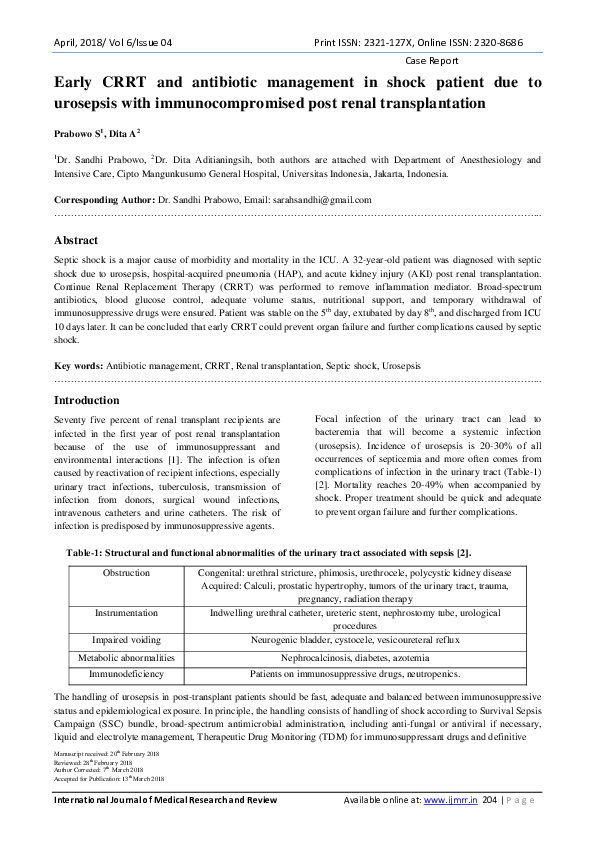 (PDF) Early CRRT and antibiotic management in shock patient due to ...