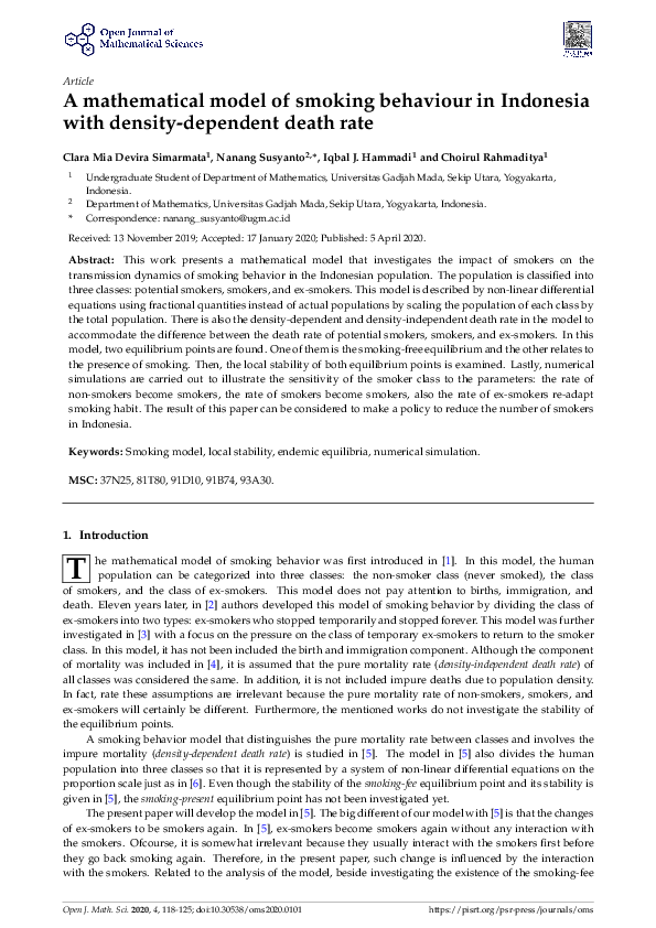 (PDF) A mathematical model of smoking behaviour in Indonesia with ...