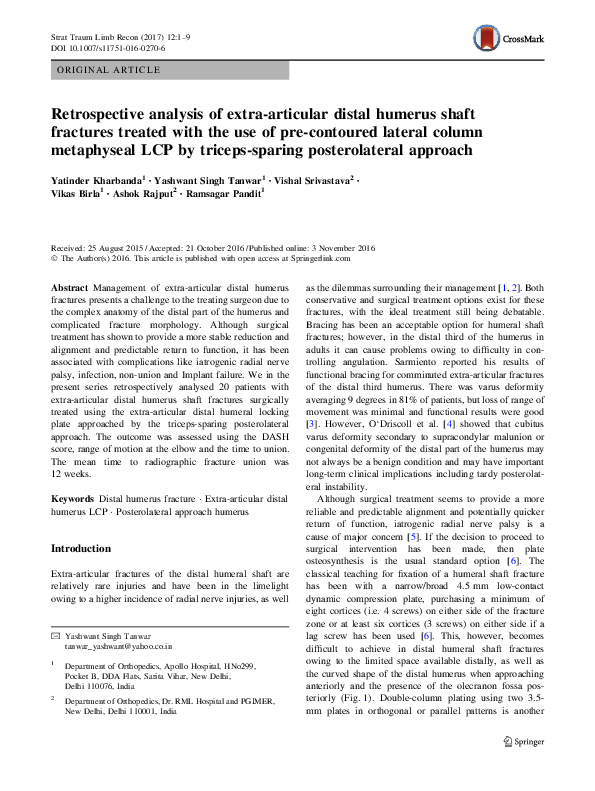 (PDF) Retrospective analysis of extra-articular distal humerus shaft fractures treated with the ...