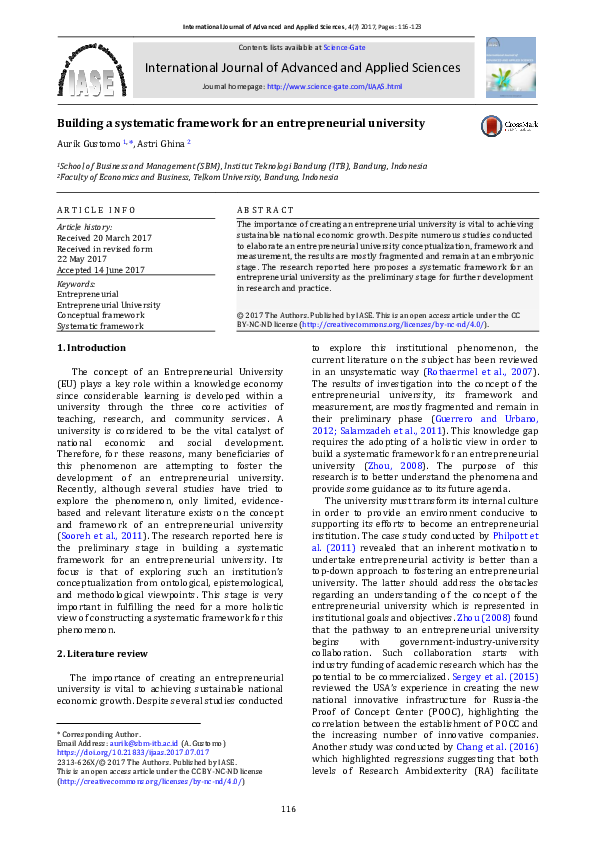 (PDF) Building a systematic framework for an entrepreneurial university