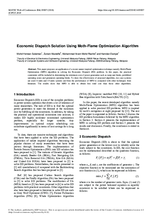 Pdf Economic Dispatch Solution Using Moth Flame Optimization Algorithm