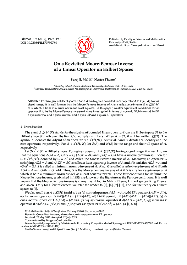 (PDF) On a revisited Moore-Penrose inverse of a linear operator on Hilbert spaces